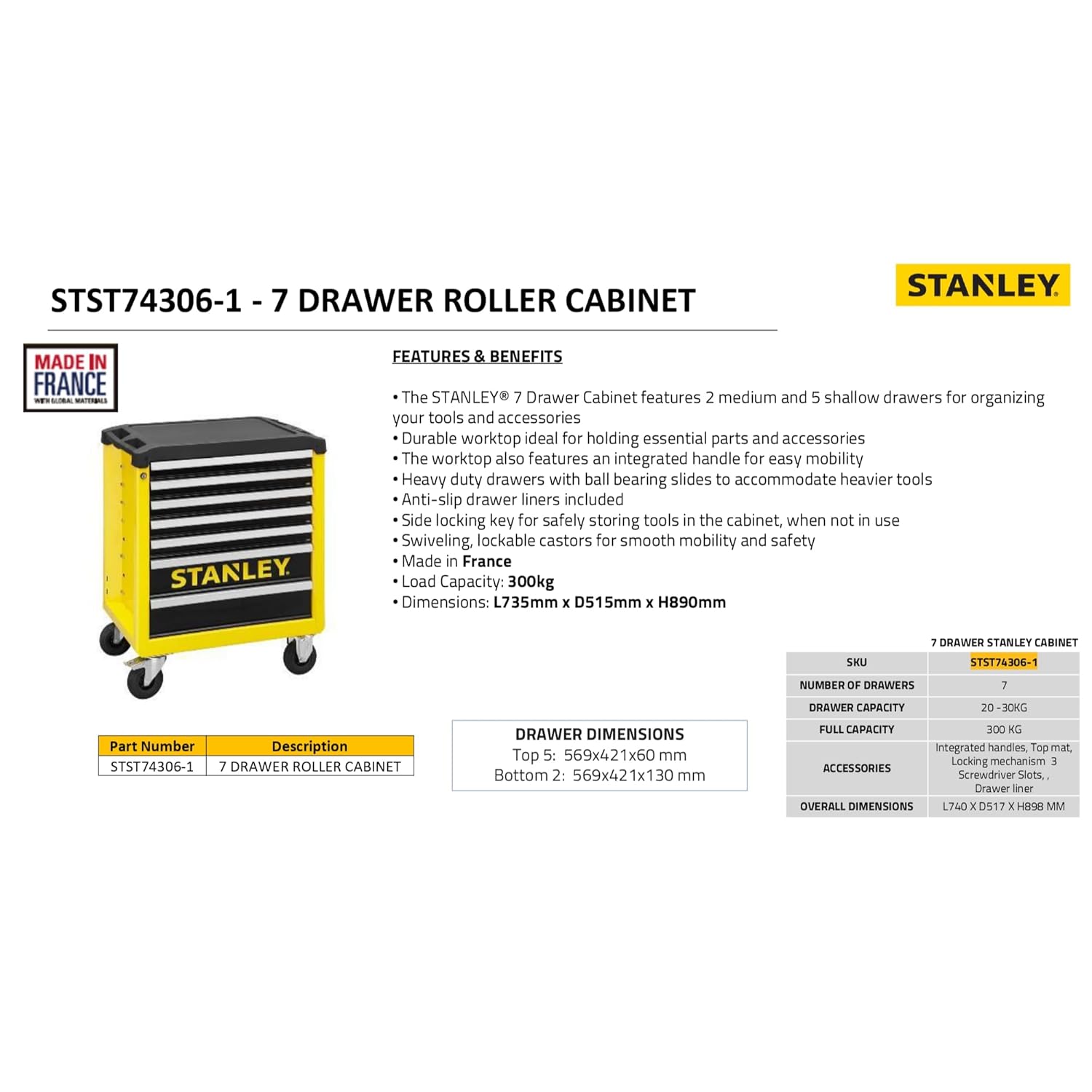 STANLEY STST74306-1 7-Drawer Cabinet, Weight 50 kg, Durable Worktop, S ...